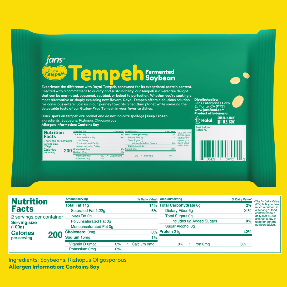 Royal Tempeh Frozen Tempeh Block | Protein-Rich & Versatile Vegan ...